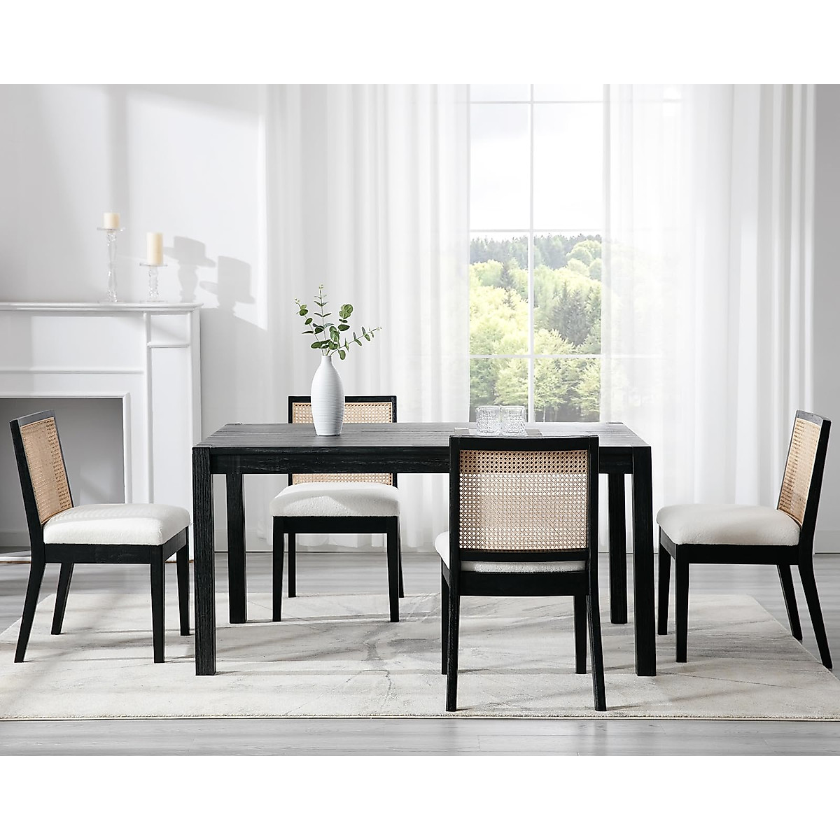 Farmhouse Rattan Dining Chairs Set of 4, Mid Century Modern Sherpa Boucle Kitchen & Dining Room Chairs, Upholstered Black Cane Dining Chair Kitchen Chairs Side Chairs with Black Hardwood Frame, White