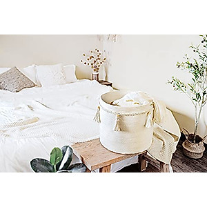 Mkono Macrame Decorative Cotton Rope Basket Boho Cute Woven Tassel Closet Storage Bins Organizer for Nursery,Baby Toys,Blankets,Magazines, Potted Plants Cover,Living Room,Bedroom Home Decor 15"x 14"