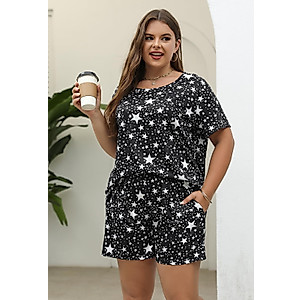 Celkuser Women's Plus Size 2-Piece Pajama Set Comfy Loungewear with Pockets Soft & Cozy Sleepwear for Women (109Blackstarx 4XL)