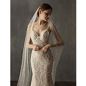 EllieHouse Womens Long Cathedral Length 1 Tier Pearl Ivory Wedding Bridal Veil With Metal Comb HD34IV