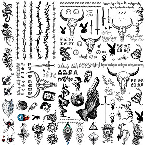 21 Sheets Halloween Tattoos, Malone Tattoos, Malone Face Temporary Tattoos Halloween Face Temporary Tattoos Skull, Spider, Snake, Lion, Owl, Bear tattoos for Halloween Costume Accessories and Parties