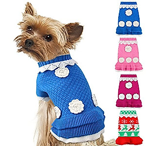 Joytale Small Dog Sweater Turtleneck Dress, Soft Warm Winter Pet Cable Knitwear Clothes with Cute Flower, Girl Boy Dog Pullover Knitted Sweaters for Cats Puppies Extra Small Dogs, Blue