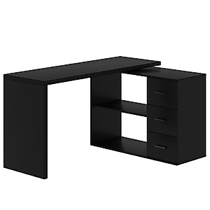 HSH Black L Shaped Computer Desk with Drawers, L Shaped Home Office Desk with Storage Cabinet Shelves, Reversible Corner Wood Writing Desk for Executive Work Study,Large Bedroom Computer Table,55 Inch