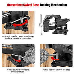 EASYBERG 4.5 Inch Bench Vise, Vice for Workbench with 270° Swivel Locking Base and 4.3in Jaw Opening, Bench Vice for Home DIY Woodworking, Drilling, Cutting Conduit