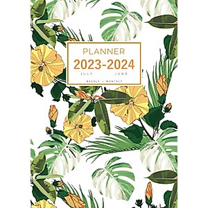 Planner July 2023-2024 June: A4 Weekly and Monthly Organizer | Summer Tropical Floral Design White