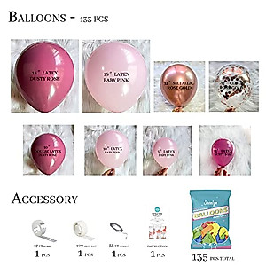 Soonlyn Pink Balloons Garland 135 Pcs Double Stuffed Balloons, Dusty Rose Gold Metallic Confetti Latex Balloons Arch Kit for Baby Shower Decorations for Girl Birthday Party, Bridal Shower, Wedding