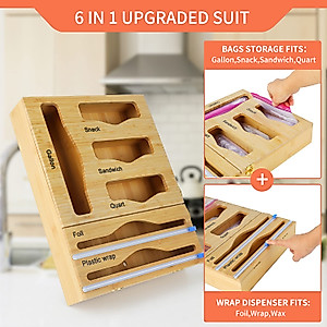 Foil and Plastic Wrap Organizer with Ziplock Bag Organizer - Evdekoru 6 in 1 Bamboo Aluminum Foil Dispenser with Cutter for Kitchen Drawer, Plastic Food Bag Organizer for Gallon,Quart,Sandwich