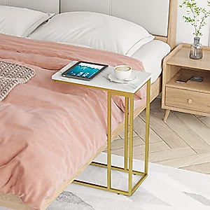 Yusong C Shaped End Table, Couch Side Table That Slide Under Sofa Bed, Small Table for Small Spaces, Skinny Overbed Table, Coffee Drink Laptop Snack Table for Living Room, Gold and Marble White