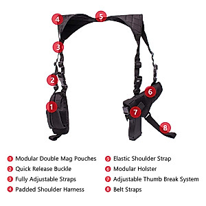 POYOLEE Shoulder Holster for Pistols, Adjustable Vertical Gun Holster with Double Magazine Pouch, Universal Concealed Carry Holster Fits Compact to Large Handguns Black