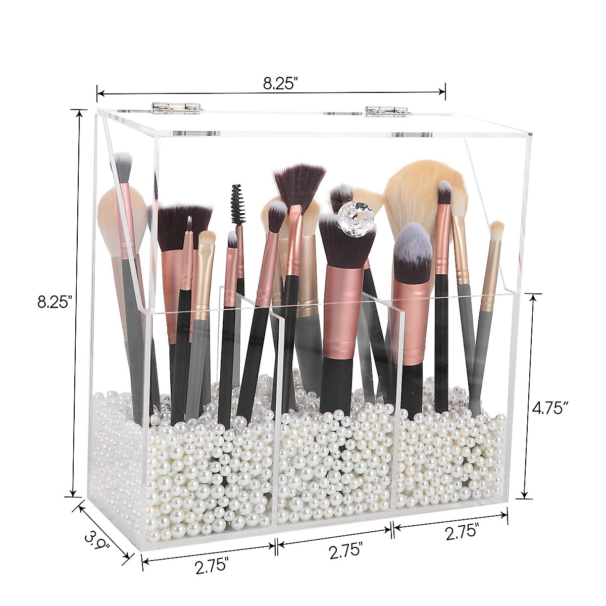 Vevitts Acrylic Makeup Brush Holder, Clear Cosmetic Brush Storage Box 3 Brush Holders, Makeup Brush Case with Dust Cover, Large-Capacity Split Design for Organize the Vanity Desk (No pearl and brush)
