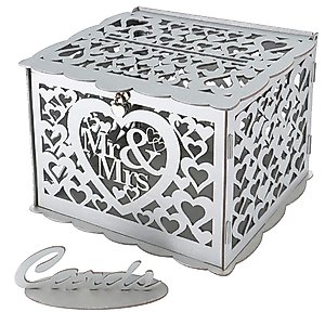 Artmag Wedding Money Box Holder with Sign, Large Rustic Wood Wooden DIY Envelop Gift Card Boxes with Lock Slot for Reception Anniversary Graduation Birthday Parties Baby Shower (Mr & Mrs, Silver)