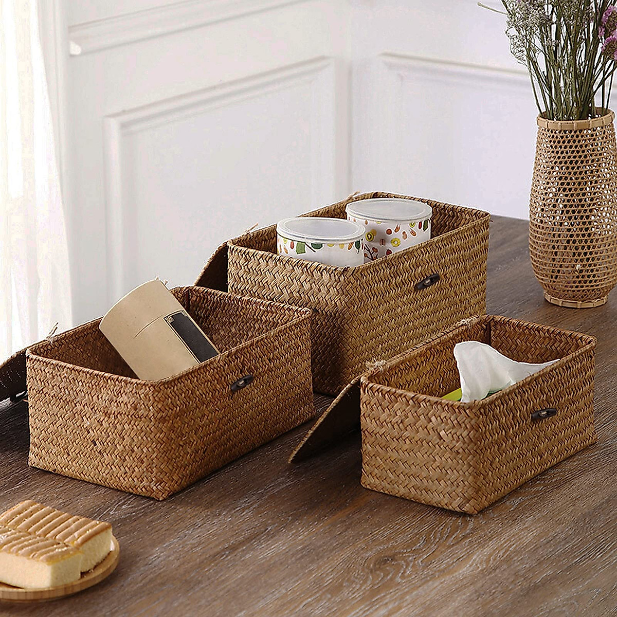 Sobotoo Wicker Storage Box with Lid, Natural Hand-woven Rattan Storage Box, Rectangular Household Organizer Boxes Shelf Wardrobe Organizer (XL)