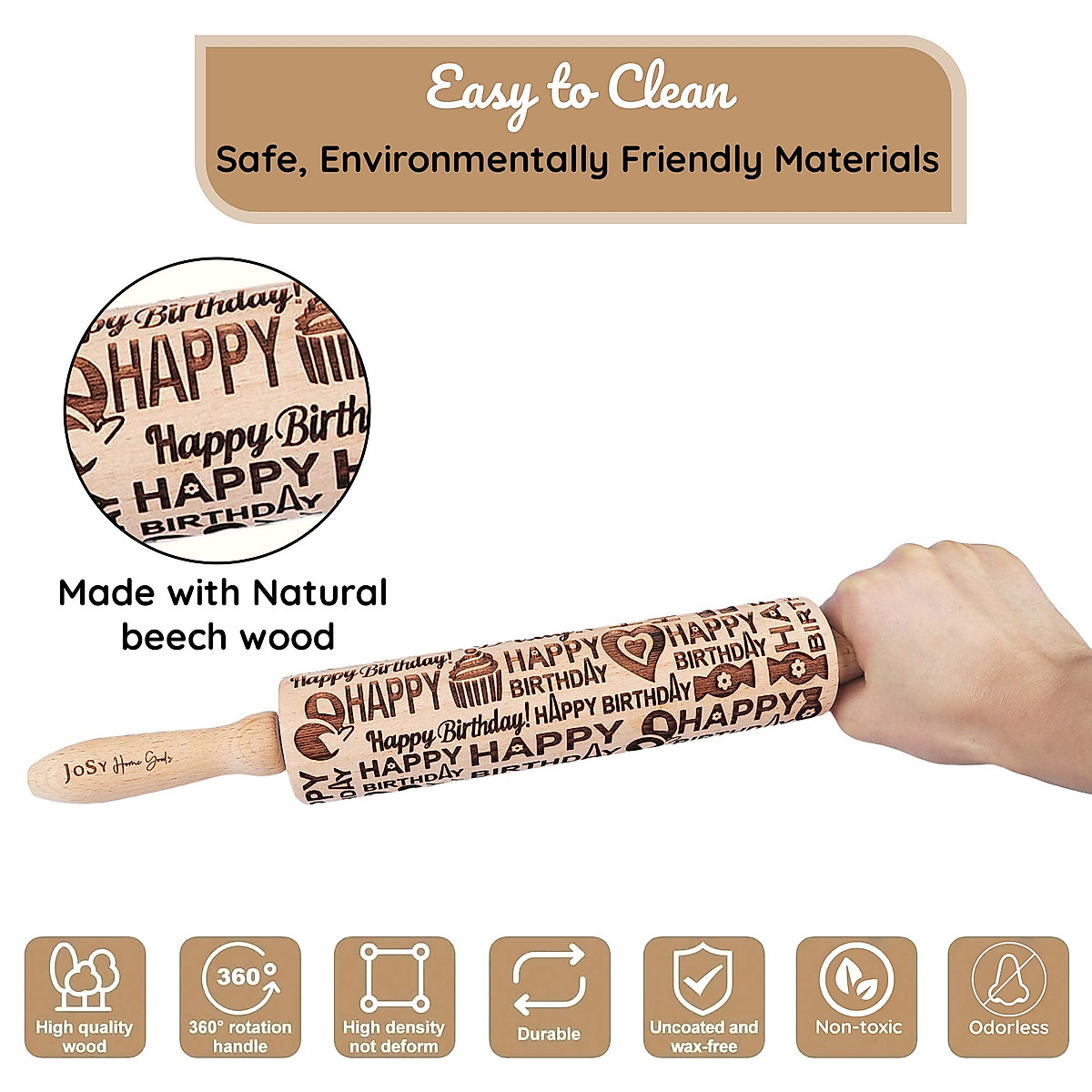 Happy Birthday Embossed Rolling Pin I EXTRA DEEP engraved rolling pin for Cookies I Rolling Pin with Design for Baking I Embossing rolling pin | Rolling Pin Made of Beech Wood I Baking rolling pin