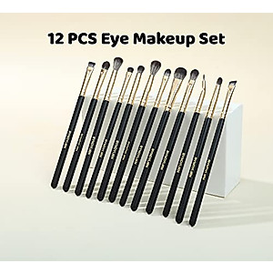 BYNDYLIEN Eye Makeup Brushes - 12pcs Champagne Gold Professional Makeup Brush Set with Soft Synthetic Fiber Hairs and Wood Handle for Eye Shadow, Blending, Concealer, Eyeliner, and Eyebrow