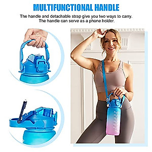 QIMUKKX Half Gallon Water Bottle with Straw, 64 oz Water Bottle with Time Marker, Plastic Water Bottles with Chug & Straw Lid, Motivational Water Jug with Phone Holder
