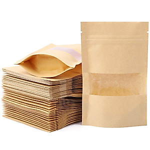 100pcs 3.5 x 5.5 inch Kraft Paper Treat Bags with Window Ziplock Stand Up Pouches for Food Storage Cookies Snacks Tea Packing