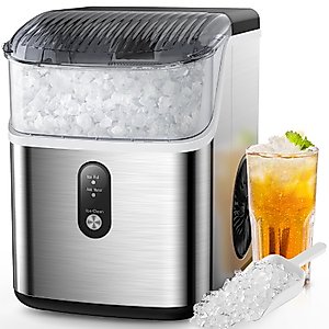 FREE VILLAGE Nugget Ice Makers Countertop, Pebble Ice Maker Machine with Soft Chewable Ice, 35lbs/24H, Self-Cleaning, One-Click Operation, Stainless Steel, Pellet Ice Maker for Home Kitchen Office