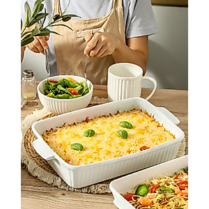 Hasense Rectangular Casserole Dishes for Oven, Ceramic Baking Dish, Baking Pans Set of 3, Lasagna Pan with Handle, Microwave & Dishwasher Safe, Wedding Mother's Day Gift, White(15"/12.2''/8.3'')