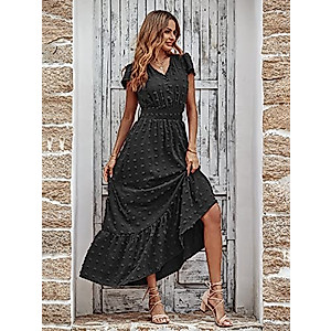 PRETTYGARDEN Womens Boho Short Sleeve V Neck Ruffle Tiered Maxi Dress Swiss Dot Smocked Dress Beach Long Dress (Large, Black)
