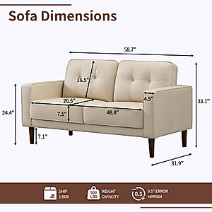 Husbedom 58.7" Air Leather Loveseat Sofa for Living Room, Button Tufted Small Couch for Small Spaces, Mid Century Modern Love Seat with Padded Cushions for Bedroom, Apartment, Office (Beige)