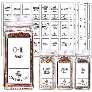 SWOMMOLY 48 Glass Spice Jars with 806 White Spice Labels, Chalk Marker and Funnel Complete Set. Square Spice Bottles 4 oz Empty Spice Containers, Airtight Cap, Pour/sift Shaker Lid