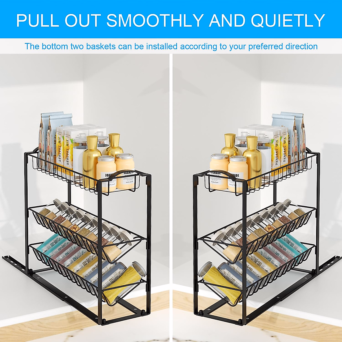 Pull Out 3-Tier Spice Rack - Sliding Organizer for Kitchen Cabinets, Under Sink Shelf, Slide Out Racks for Storage, Cabinet Organization in Kitchen, Heavy Duty Slide Out Seasoning Kitchen Organizer.