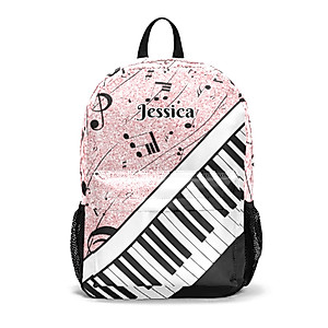 Personalized School Backpack,Piano Music Rose Gold Glitter Custom Casual 17 Inch Durable Bag for Girls Boys