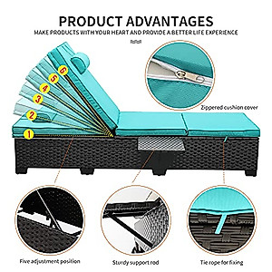 Outdoor PE Wicker Chaise Lounge for Outside - 2 Piece Patio Set Black Rattan Reclining Sunbathing Chair Beach Poolside Adjustable Backrest Recliners with Furniture Cover and Turquoise Cushions