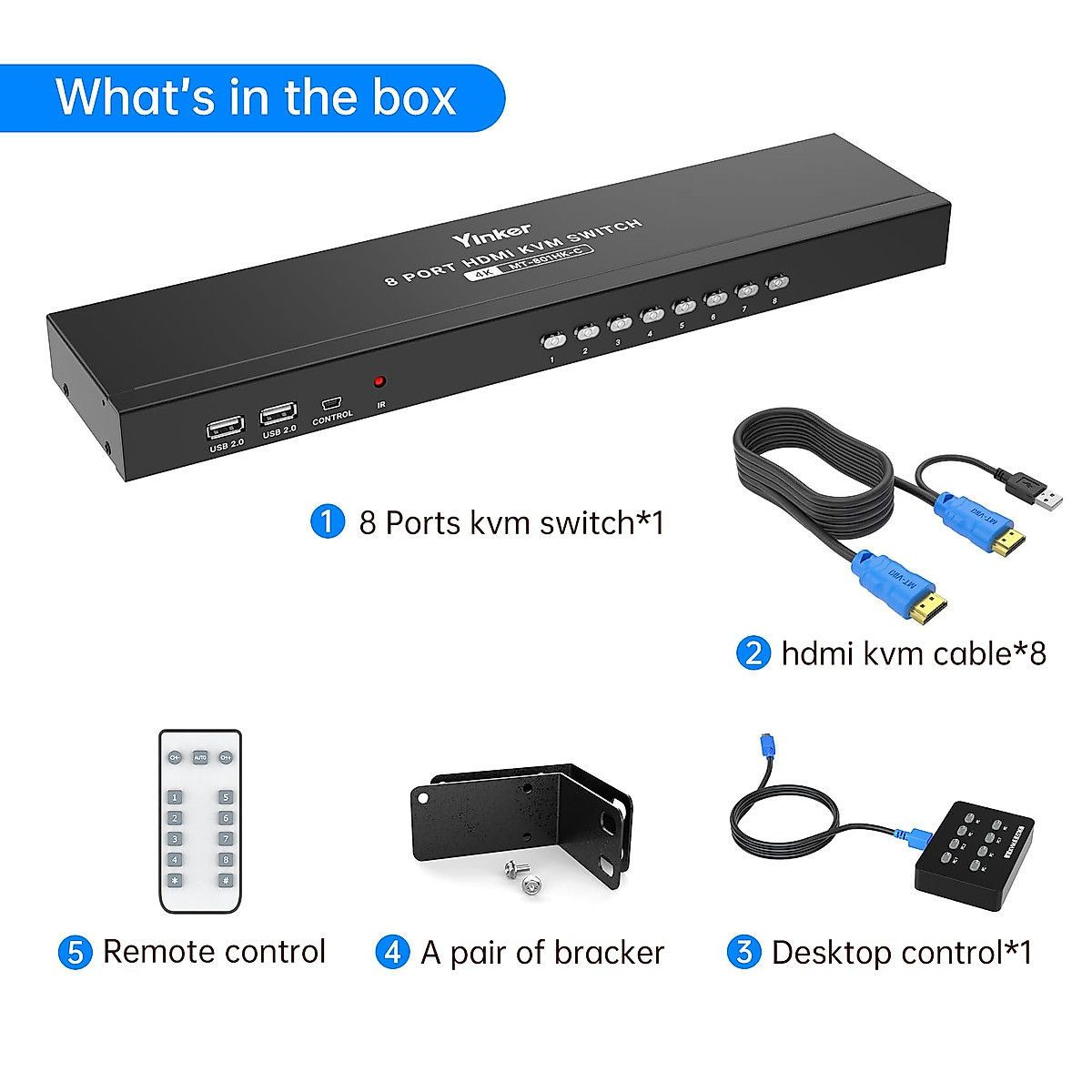 KVM Switch HDMI 8 Port, Yinker 4K@30Hz USB HDMI Rack KVM Console 8 in 1 Out w/9pack Cables 4 USB 2.0 Hubs Desktop Selector IR Remote & Ears