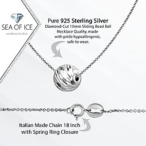 SEA OF ICE Silver Necklace for Women, Bead Necklace, 10mm Diamond-Cut Ball Bead, Sterling Silver Chain, Dainty Necklace for Women and Men, Stacking Gift Holiday Birthday
