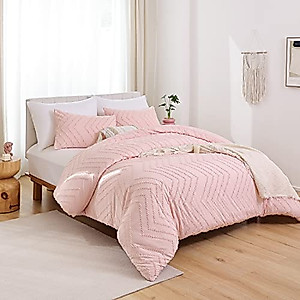 YIRDDEO Pink Comforter Full Size 3Pcs, Boho Comforter Set Full Pink Farmhouse Bedding Sets Queen, Vertical Tufted Comforter, Lightweight Neutral Blush Boho Bed Set (1 Comforter, 2 Pillowcases)