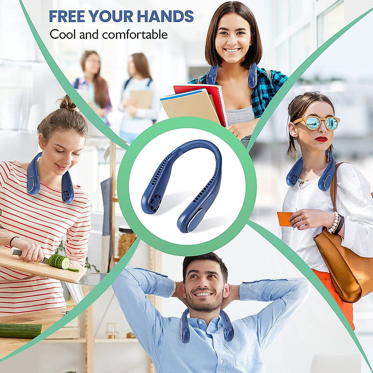 LEXSO Portable USB Neck Fan, Hanging Personal Fan Bladeless Neck Cooler, 4000 mAh Battery Operated Wearable Rechargeable USB Fan,Quiet Wearable Headphone Neck Air Conditioner 3 Speeds-Blue