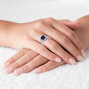 DECADENCE Sterling Silver Rhodium 7mm Cushion Created Blue Sapphire & 2mm Round Created White Sapphire Ring