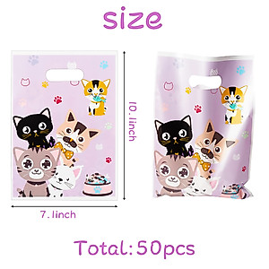 3sscha 50Pcs Cat Party Favor Bag Cute Cat Themed Purple Waterproof Goodies Cookies Bag with Die Cut Handles Animals Pet Paw Glossy Plastic Candy Gift Bags for Kid Birthday Party Decoration Supplies