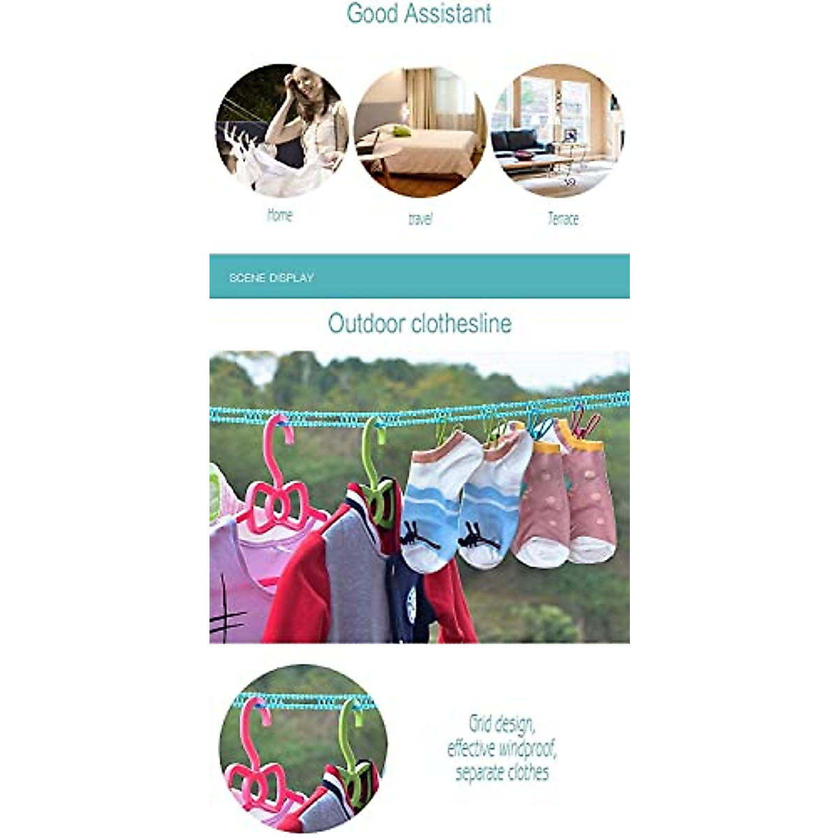 Cafurty 26-ft Portable Travel Clothesline, Adjustable for Indoor Outdoor Laundry Line, Upgraded Version Windproof Non-Slip Clothes Line, Clotheslines for Camping Travel and Home Use - Blue