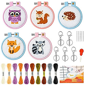 WATINC 5Pcs Embroidery Kit for Kids Stamped Cross Stitch DIY Key Chain with Woodland Animal Patterns Needlepoint Starter Kits Craft Supplies for Beginners Adults Schoolbag