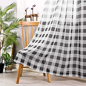 Hiasan Buffalo Plaid Sheer Curtains - Light Filtering Voile Checkered Curtains for Living Room and Bedroom, 52 X 84 Inches Long, Set of 2 Window Curtain Panels, Grey and White