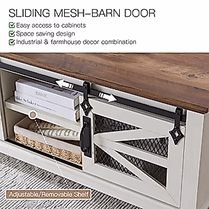 OKD 48'' Coffee Table with Storage & Sliding Barn Doors, Farmhouse & Industrial Cocktail Table w/Adjustable Shelves, Modern Rectangular Rustic Living Room Table for Meeting Room, Antique White