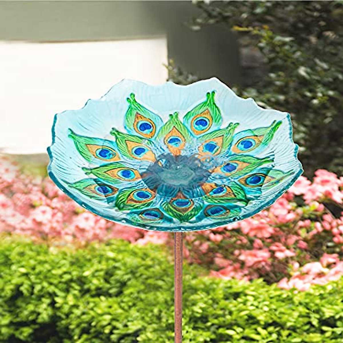 MUMTOP Glass Bird Bath, Garden Outdoor Birdbaths Birdfeeder with Metal Stake Peacock