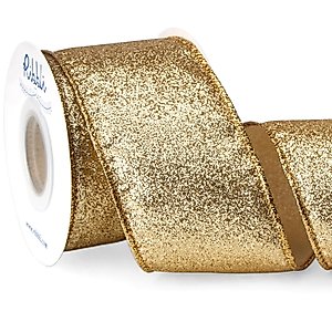 Ribbli Gold Glitter Wired Ribbon with Gold Metallic Edge,Christmas Ribbon for Wreath, Tree Decoration, Home Decor, 2-1/2 Inch x 10 Yards