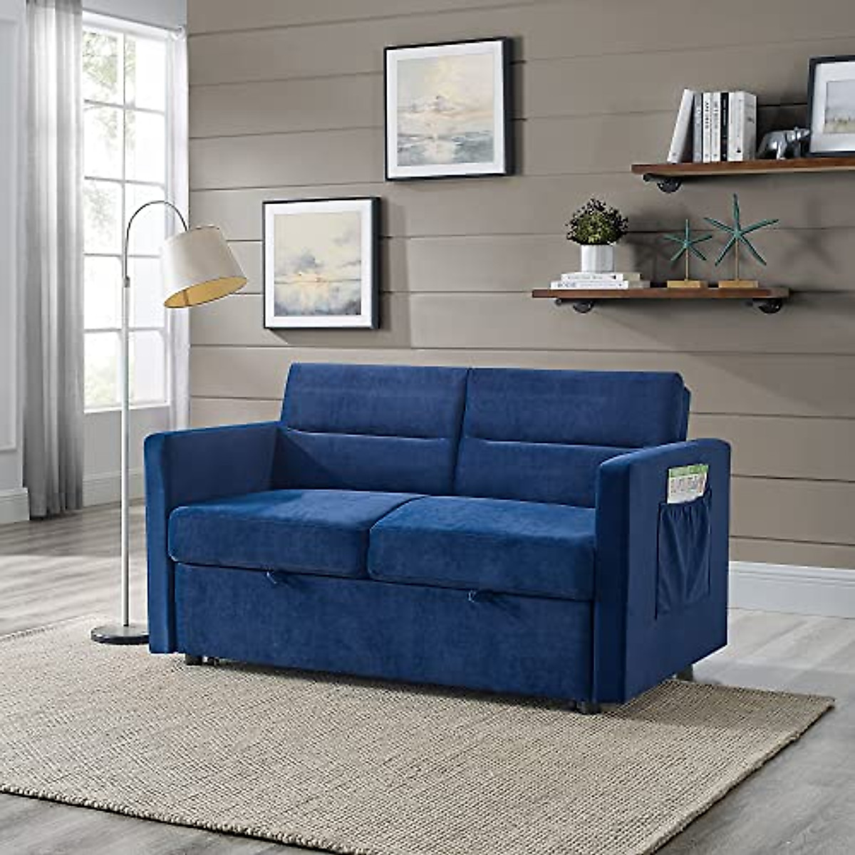 N NAANSI 54.5" Velvet Loveseat Sofa Couch with Pull-Out Bed, Adjustable Backrest and 2 Arm Pockets, Modern Convertible Sleeper Sofa Bed (Blue)