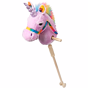 HollyHOME Unicorn Stick Horse Handcrafted Hobby Horse on a Stick with Wood Wheels Real Pony Neighing and Galloping Sounds Plush Unicorn Toy Purple 36 Inches(AA Batteries Required)