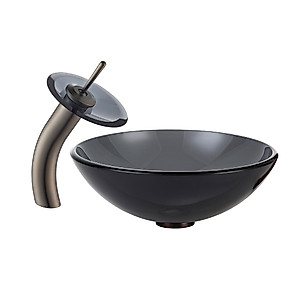 Kraus KGW-1700-PU-10ORB-BLCL Single Lever Vessel Glass Waterfall Bathroom Faucet Oil Rubbed Bronze with Black Clear Glass Disk and Pop Up Drain