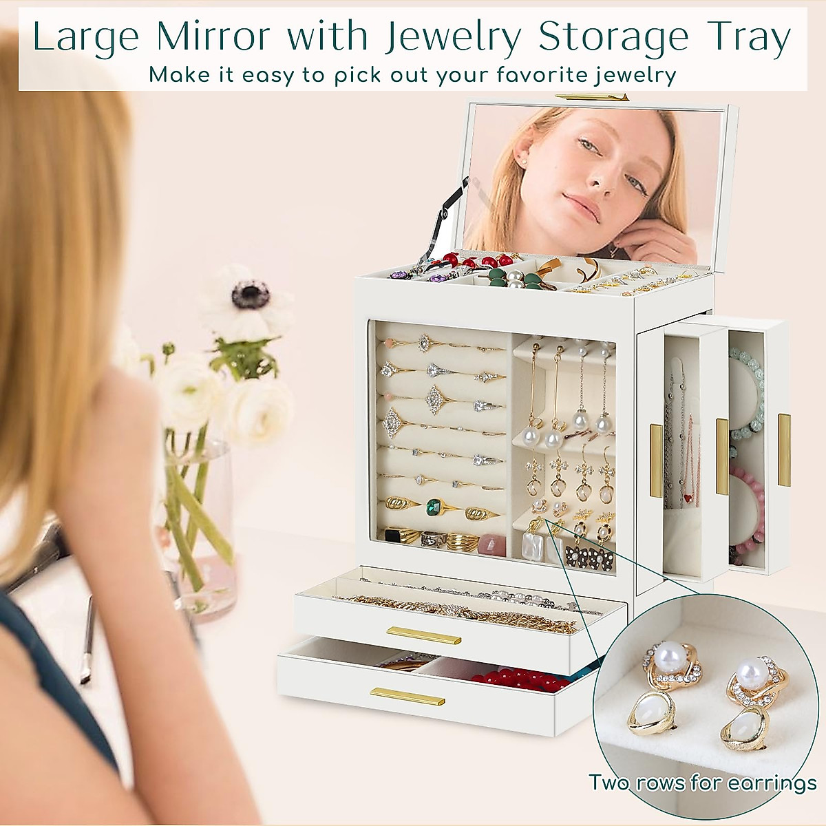 efubaby Jewelry Box for Women Girls, Jewelry Organizer Box with Large Mirror 6-Layer Jewelry Box Organizer Glass Window Storage Case with 3 Side Drawers Jewelry Holder Organizer White Jewelry Box