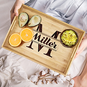 Premium Monogrammed Bamboo Wood Serving Tray with Handles - Personalized and Custom Engraved for Free