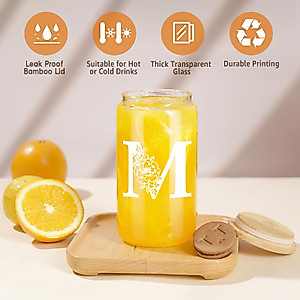 Coolife Initial Glass Cup, Monogrammed Gifts for Women, 16 oz Glass Cups w/Lids Straws, Iced Coffee, Smoothie, Beer Glass Tumbler w/Straw Lid - Personalized Mothers Day, Birthday Gifts for Her Mom