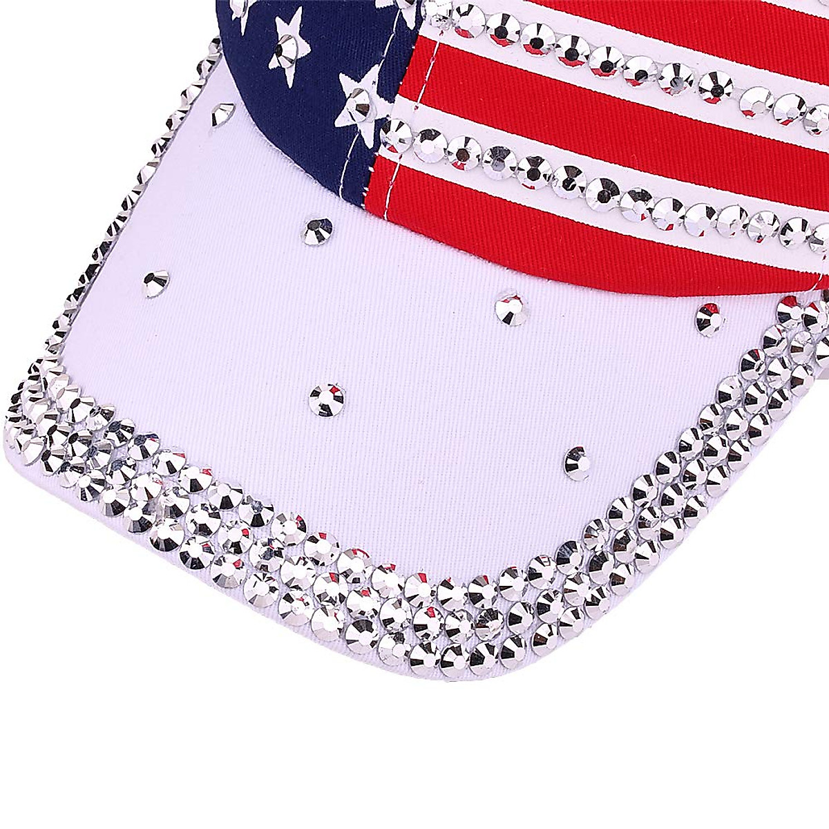oaesc Patriotic American Flag Baseball Cap USA Bling Sparkle Hat for Women 4th July Summer Sun Cap White