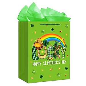 WhatSign St.Patricks Day Gift Bags with Handle 11.5" Happy St.Patrick's Day Gift Bags Shamrock Lucky Paper Gifts Bags with Tissue Paper Irish Clover Gift Wrap Bags St Patricks Day Party Favor Supplies