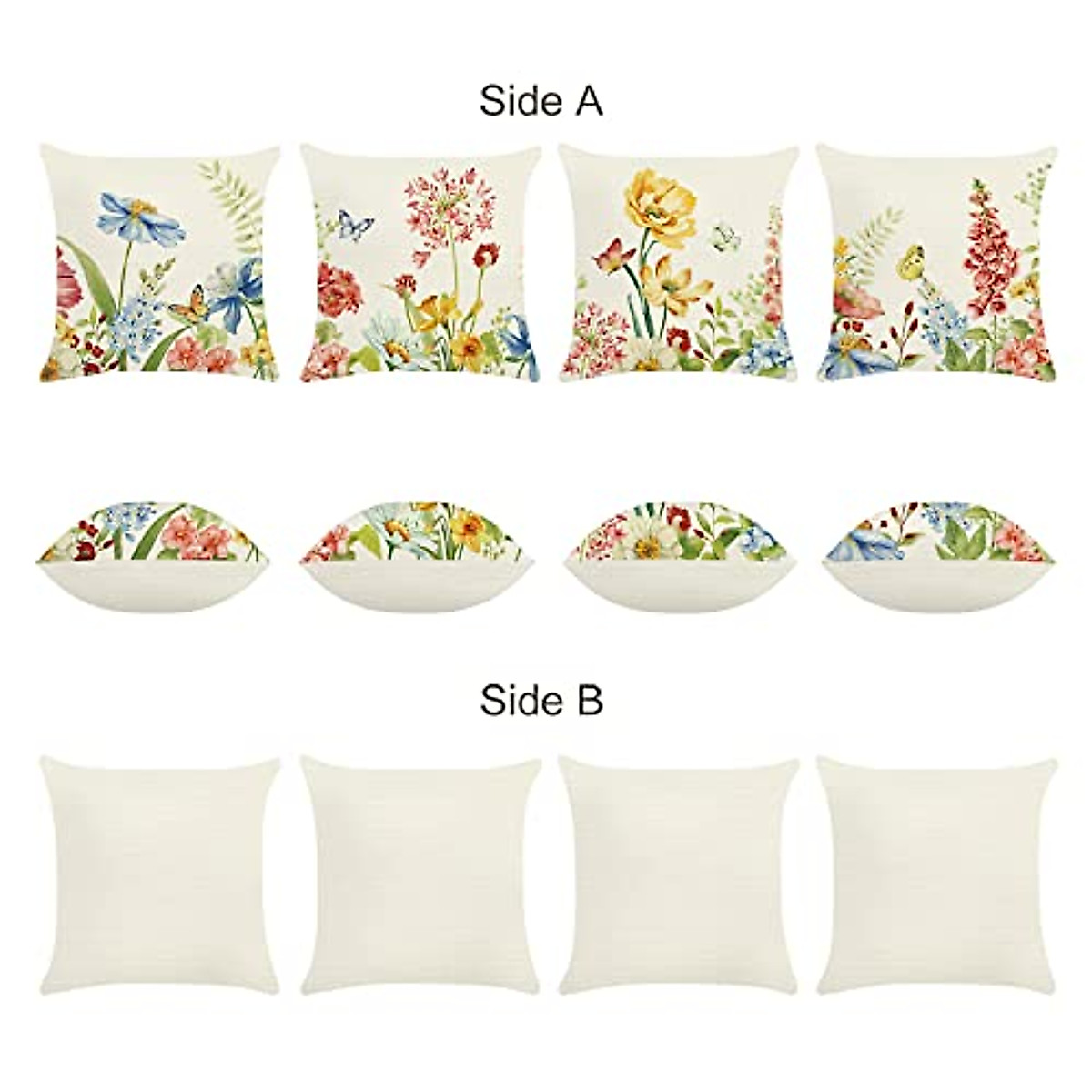 Bonhause Spring Floral Throw Pillow Covers 18x18 Set of 4 Garden Flower Decorative Pillows Case Polyester Linen Cushion Covers for Couch Sofa Garden Patio Decor