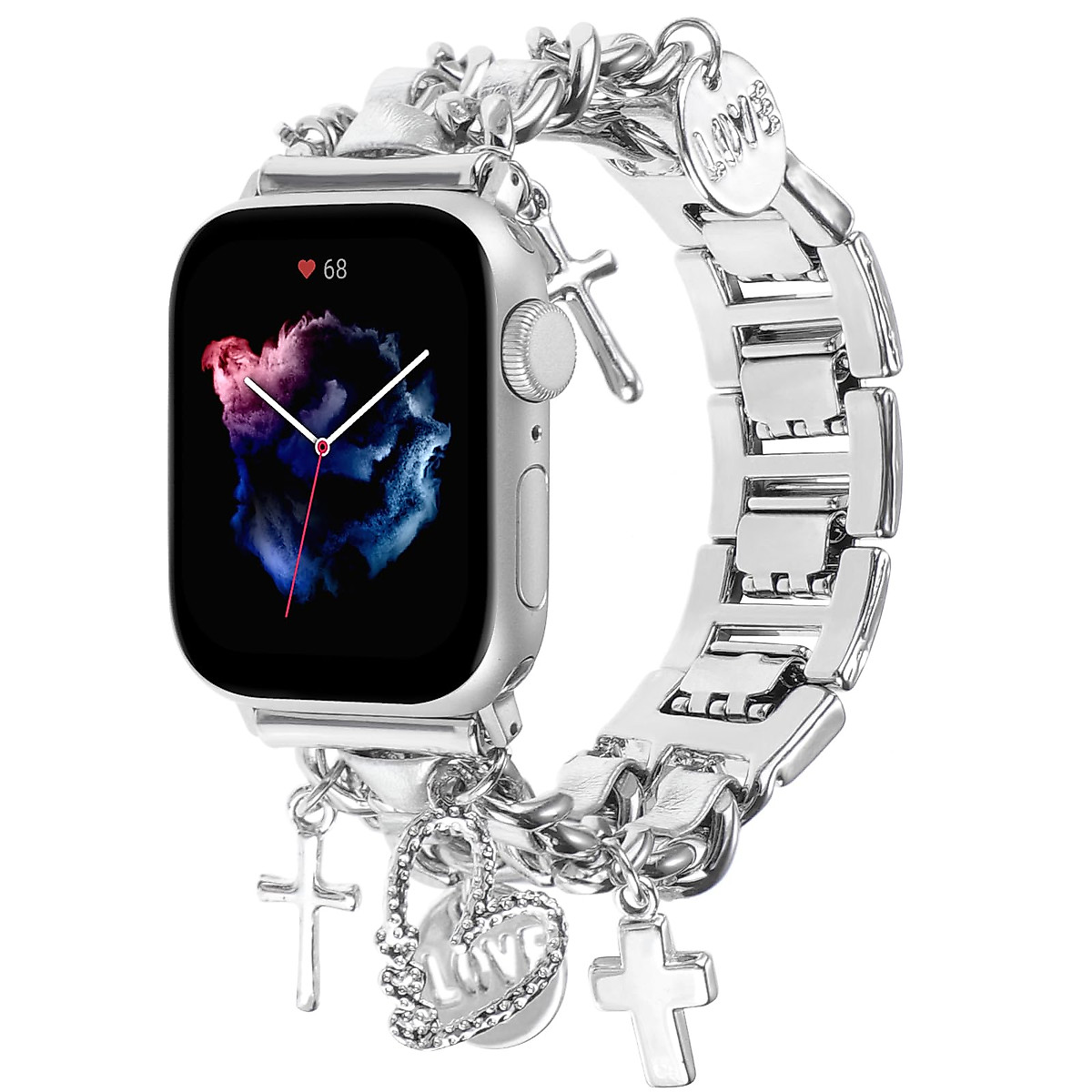 REALSIGN Stylish Metal Wristband Compatible with Apple Watch 38mm, 40mm, 41mm, Series 9, 8, 7, 6, 5, 4, 3, 2, 1, Silver Leather